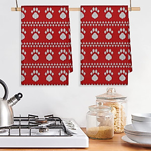 Christmas Pattern Red Paw Print Kitchen Towels and Dishcloths Set of 4-17.7" x 28.3" Absorbent Dish Towels with Hanging Loop Hand Towel for Farmhouse Bar Towels & Tea Towels