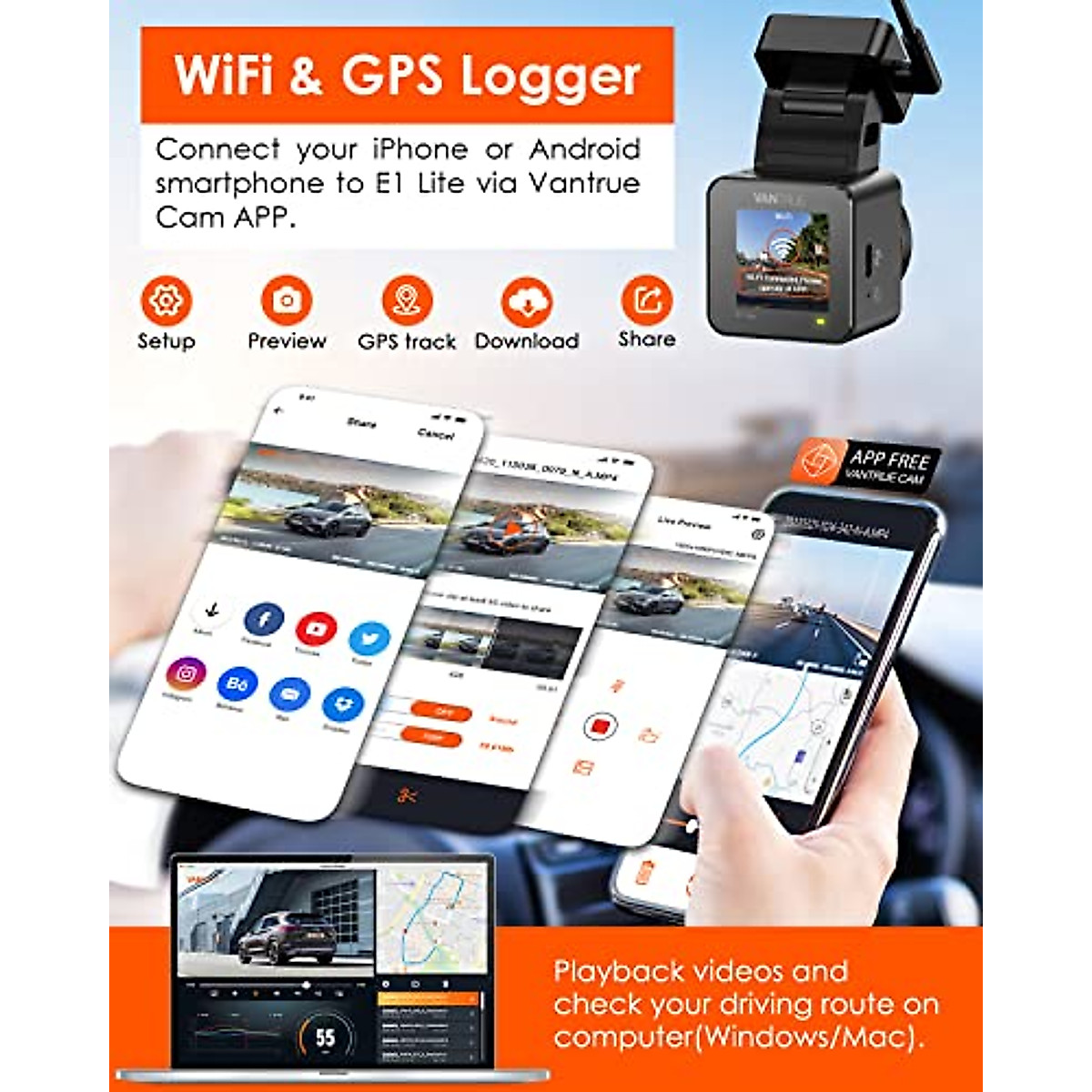 Vantrue E1 Lite 1080P WiFi Mini Dash Cam with GPS and Speed, Free APP, Voice Control Front Car Dash Camera, 24 Hours Parking Mode, Night Vision, Motion Detection, Loop Recording, Support 512GB Max