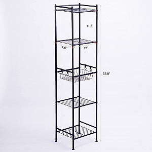 L&H UNICO 5-Tier Freestanding Shelving Units Adjustable Metal Rack with Storage Basket for Small Space, Bathroom, Living Room, Kitchen, Black