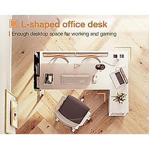 ODK 48 Inch Small L Shaped Gaming White Computer Desk with Power Outlets, Corner Desk with Reversible Storage Shelves & PC Stand for Small Space Home Office, Modern Simple Writing Table, White