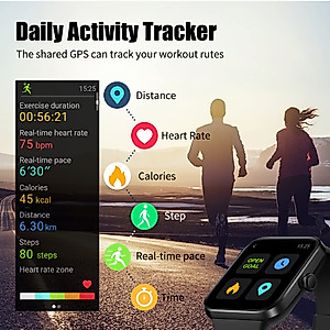 AlERTSEAL Smart Watch, Smart Watch for Android and iOS Phones, 1.7" Full Touch Screen Fitness Watch with Heart Rate, Blood Oxygen Monitor,Sleep Monitor, 5ATM Waterproof Smartwatch for Men Women Black