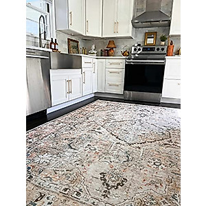 Kemer Collection Machine Washable Area Rug for Living Room Bedroom - Vintage Distressed Faded - Traditional Boho Bohemian Farmhouse Bordered Carpet - Pet Friendly - Brown, Beige, Cream - 7'6" x 9'6"