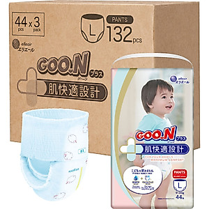 GOO.N Plus+ Pants L Size (up to 31 lb) Unisex 132 Count [3-Pack] Japanese Pull-up Skin Comfortable Design, Made in Japan