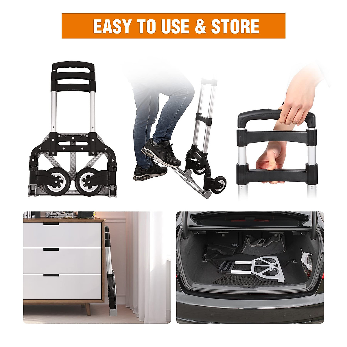 RedSwing Folding Hand Truck, 165lbs Capacity Lightweight Portable Hand Cart with Bungee Rope and 2 Rubber Wheels, Heavy Duty Foldable Hand Dolly for Home Shopping，Moving，Travel，Office ，Silver