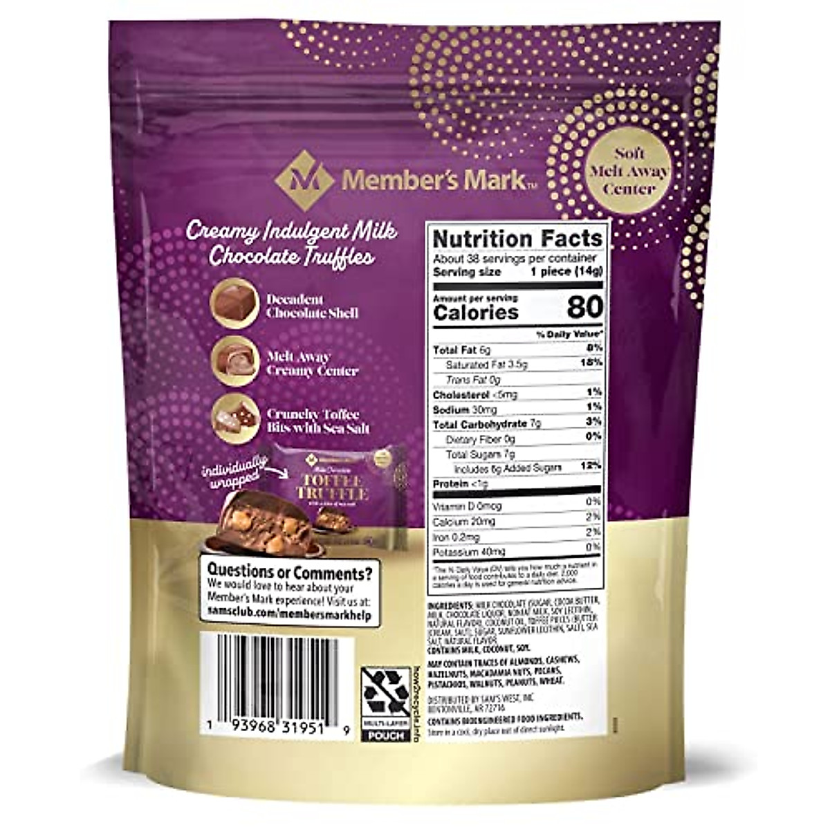 Member's Mark Milk Chocolate Toffee Truffle with Sea Salt (19 oz.), 38 Count (Pack of 1)