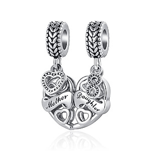 QeenseKc Mother Daughter Matching Heart Pendant Bead Charm for Pandora Bracelet Christmas Gift (Aut-164_MotherDa)