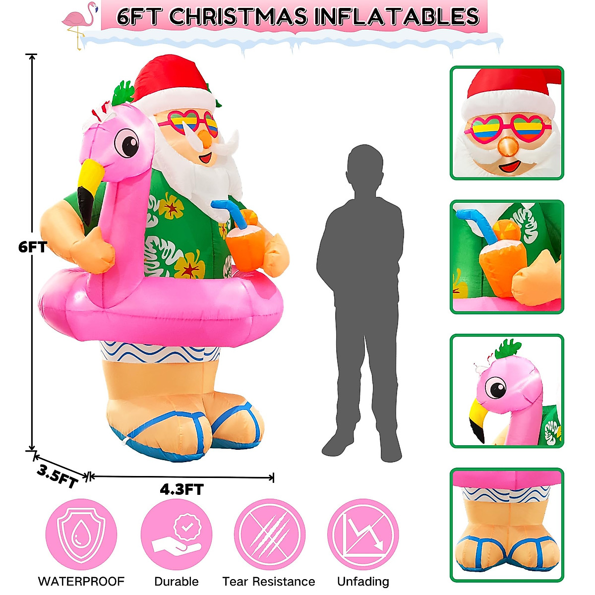 Wabolay Christmas Inflatable Santa Claus Outdoor Decorations 6ft Giant Blow Up Hawaiian Santa Inflatables with Flamingo Swimming Ring for Yard Blowups Decor Led Lights Vacation Outside Lawn Clearance