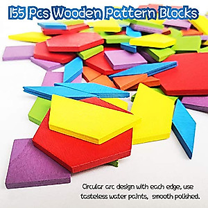 Wooden Pattern Blocks Set for Classroom 155 Pcs Tangram Blocks for Kids Geometric Shape Puzzle Kindergarten Classic Educational Montessori Best STEM Fat Brain Toys Ages 4-8 with 24 Pcs Design Cards