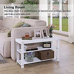 SMIBUY Bamboo Shoe Rack Bench, 3-Tier Shoe Organizer Storage Shelf for Entryway Hallway Bathroom Living Room (White)