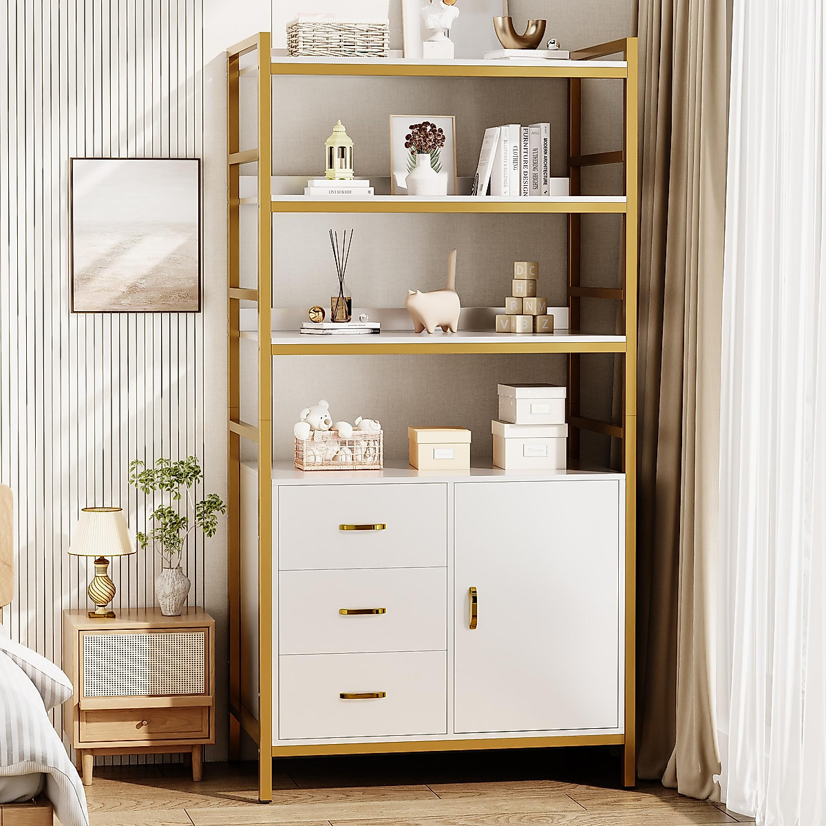 71" Tall Bookshelf with Storage Cabinet, Bookcase with Doors, Inter Adjustable shelf, 3 Wooden Drawers, 4 Tier Open Shelves, Modern Display Rack for Living Room, Kitchen, Home Office, White and Gold