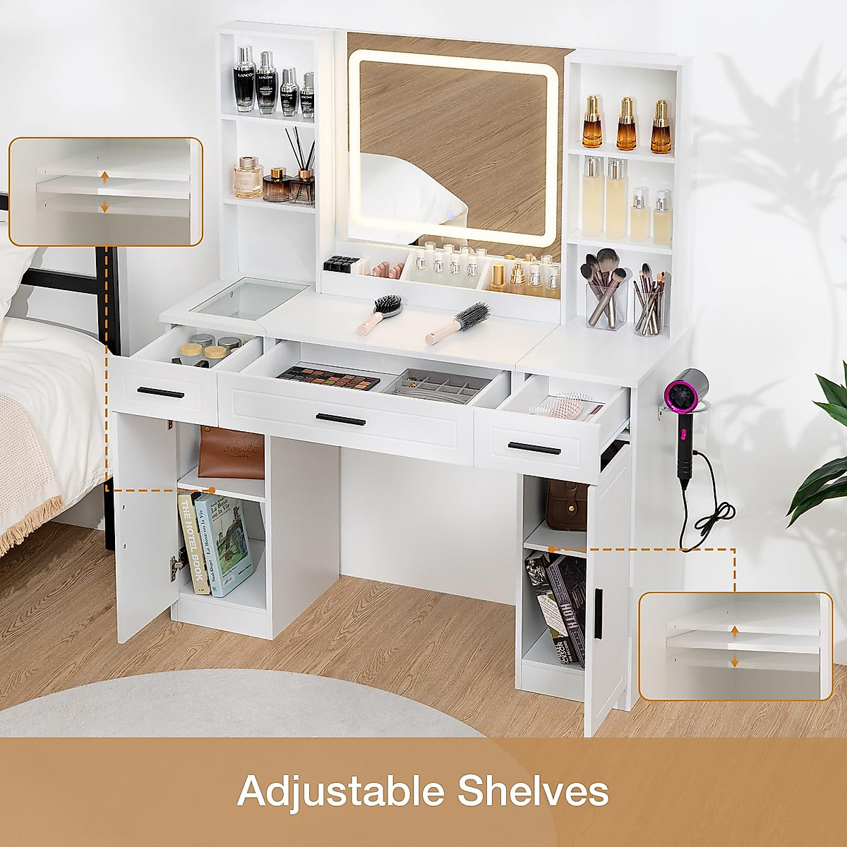 Vanity Desk with Mirror and Lights 45.3“W Makeup Desk with Drawers and Cabinet Vanity Table with Led Light Big Makeup Table with Charging Station Dressing Table with Glass Top for Bedroom White