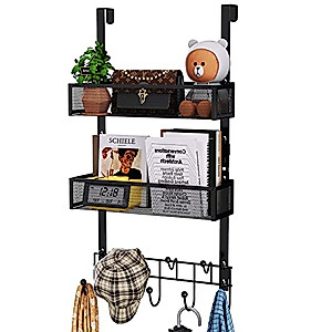 HapiRm Over The Door Hanger with Coat Hooks and 2 Baskets, Rustproof & Waterproof Over The Door Hooks, Over The Door Organizer for Hats, Bathroom, Kitchen, Bedroom-Black (for 1.76in Doors)