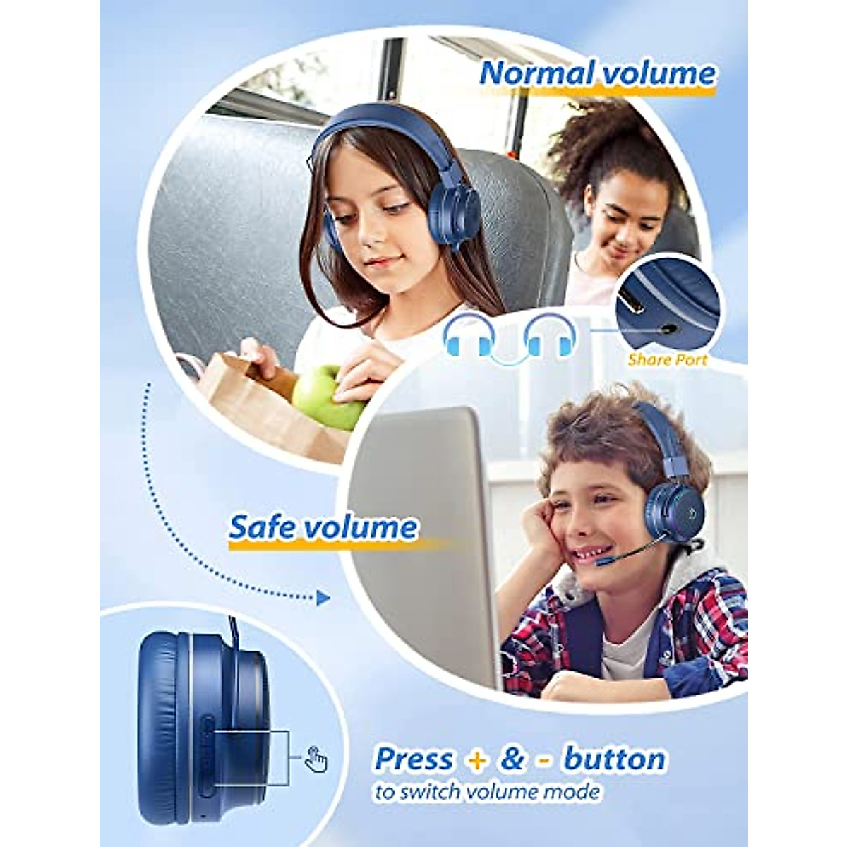 iClever Kids Bluetooth Headphones LED Light Up - 360° Extendable Microphone - 85/94 dB Safe Volume, 35Hrs Playtime, Shareport, Foldable Wireless Headphones for Kids/PS4/Xbox One/Switch/PC/Tablet