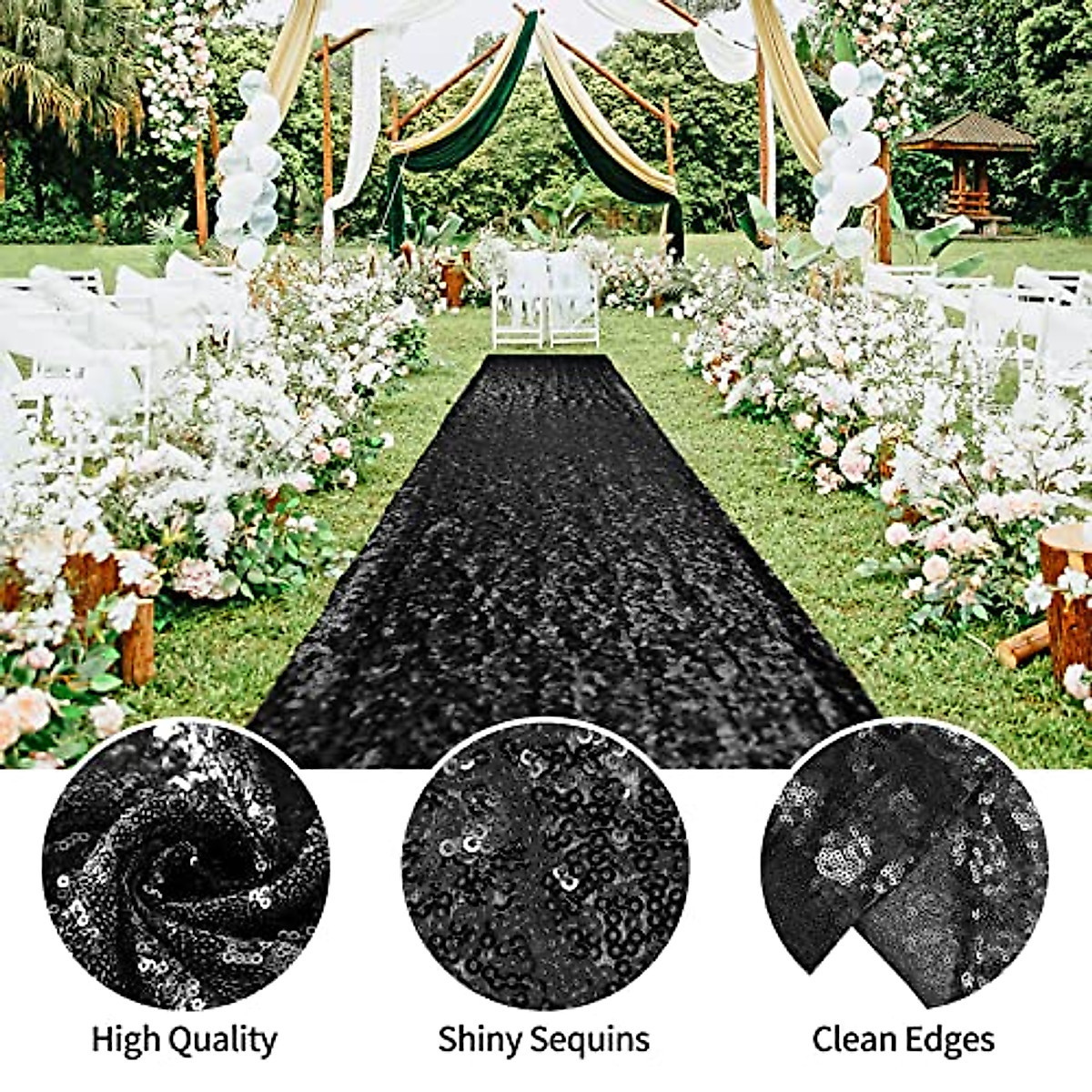Hahuho Black Carpet Runner for Party 2ft x 15ft Glitter Aisle Runner for Wedding Ceremony, Birthday, Banquet Decorations（2ft x 15ft, Black）