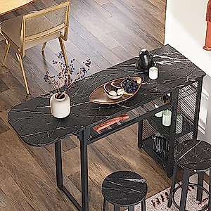 Bestier Bar Table and Chair Set, Expandable Dining Table with 2 Bar Stools, Industrial Kitchen Counter with Wine Rack & 3 Tier Adjustable Storage Shelves, Black Marble