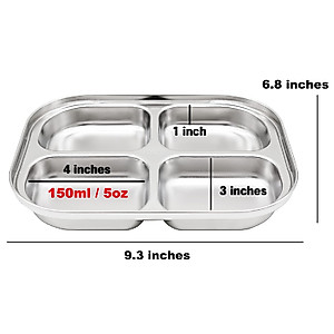 Korean Stainless Steel Divided Plates by KS&E, Little Kids Toddlers Babies Tray, BPA Free, Diet Food Control, Compact Serving Platter, Dinner Snack, 4 Compartment Plate Silver, Set of 2