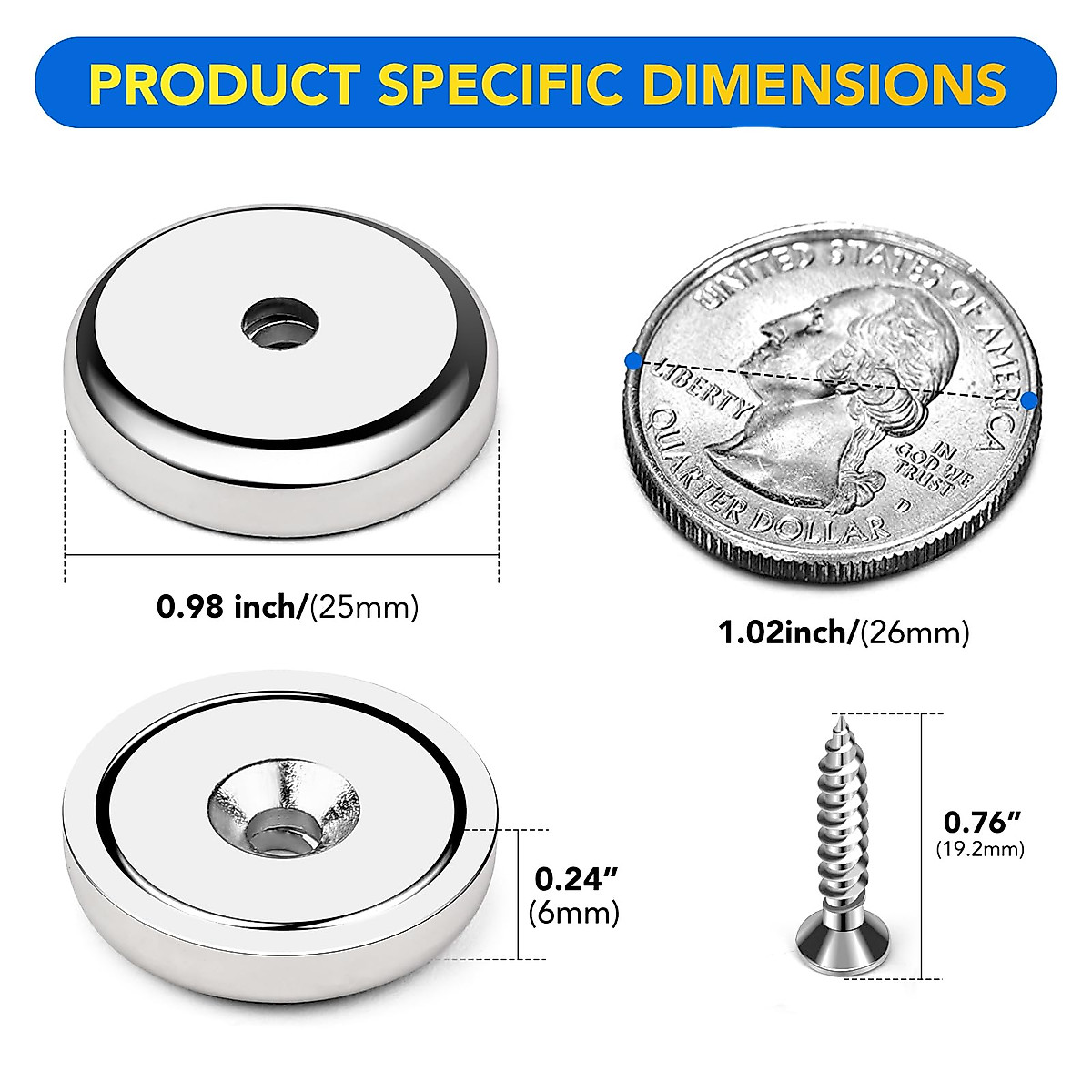 DIYMAG Neodymium Round Base Cup Magnet,60LBS Strong Rare Earth Magnets with Heavy Duty Countersunk Hole and Stainless Screws for Refrigerator Magnets,Office,Craft,etc-Dia 0.98 inch-Pack of 12