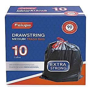 Feiupe 10 Gallon Drawstring Trash Bag Garbage Bag Trash Can Liner,0.9 Mil,90 Count (Black, 10 Gallon)