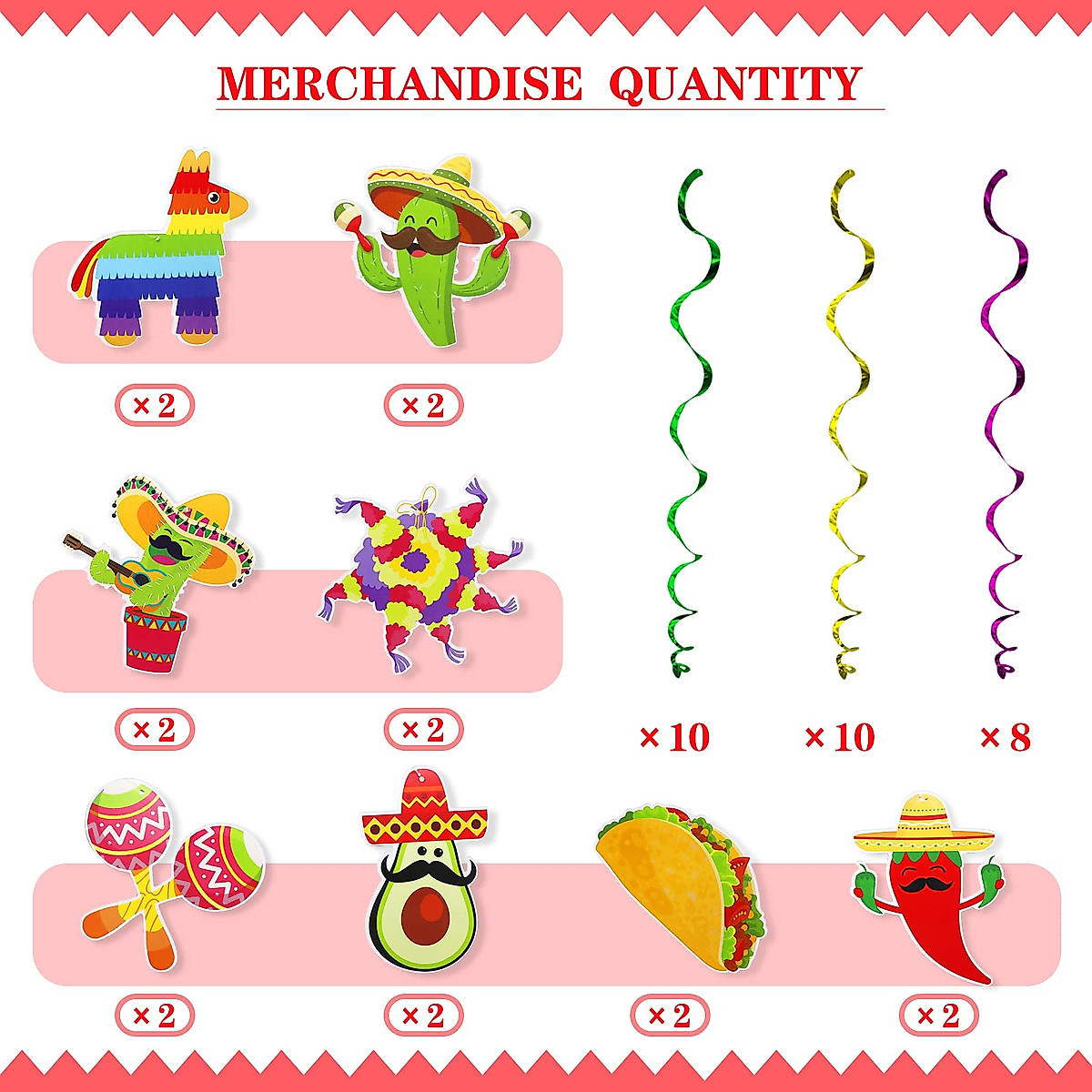 Summer Beach Hanging Swirls, 28Pack Mexican Fiesta Hanging Swirl Decorations, Cinco De Mayo Party Supplies, Taco Twosday Birthday Theme, Taco Party Ceiling Decorations