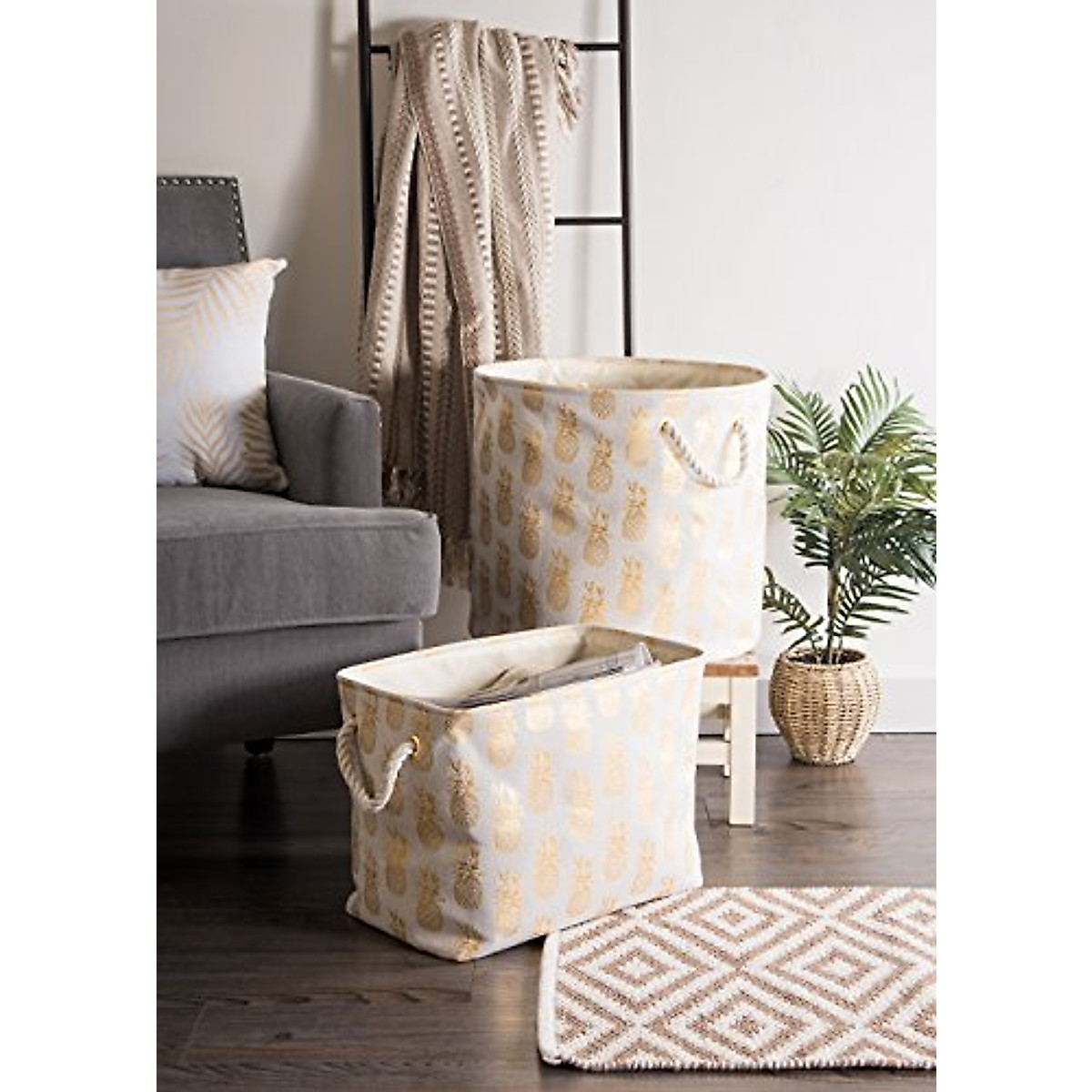 DII Polyester Storage Bin, Gold Metallic Collection Collapsible with Handles, Medium, Pineapple