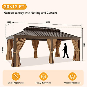 Jolydale Hardtop Gazebo,12x20 Gazebo with Brown Mosquite Netting, Double Metal Roof for Lawn and Garden