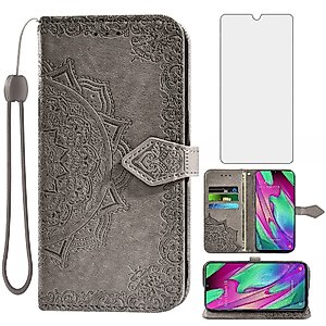 Compatible with Samsung Galaxy A40 Wallet Case and Tempered Glass Screen Protector Leather Mandala Flower Flip Cover Credit Card Holder Stand Cell Phone Cases for Glaxay A 40 Gaxaly 40A Women Men Gray