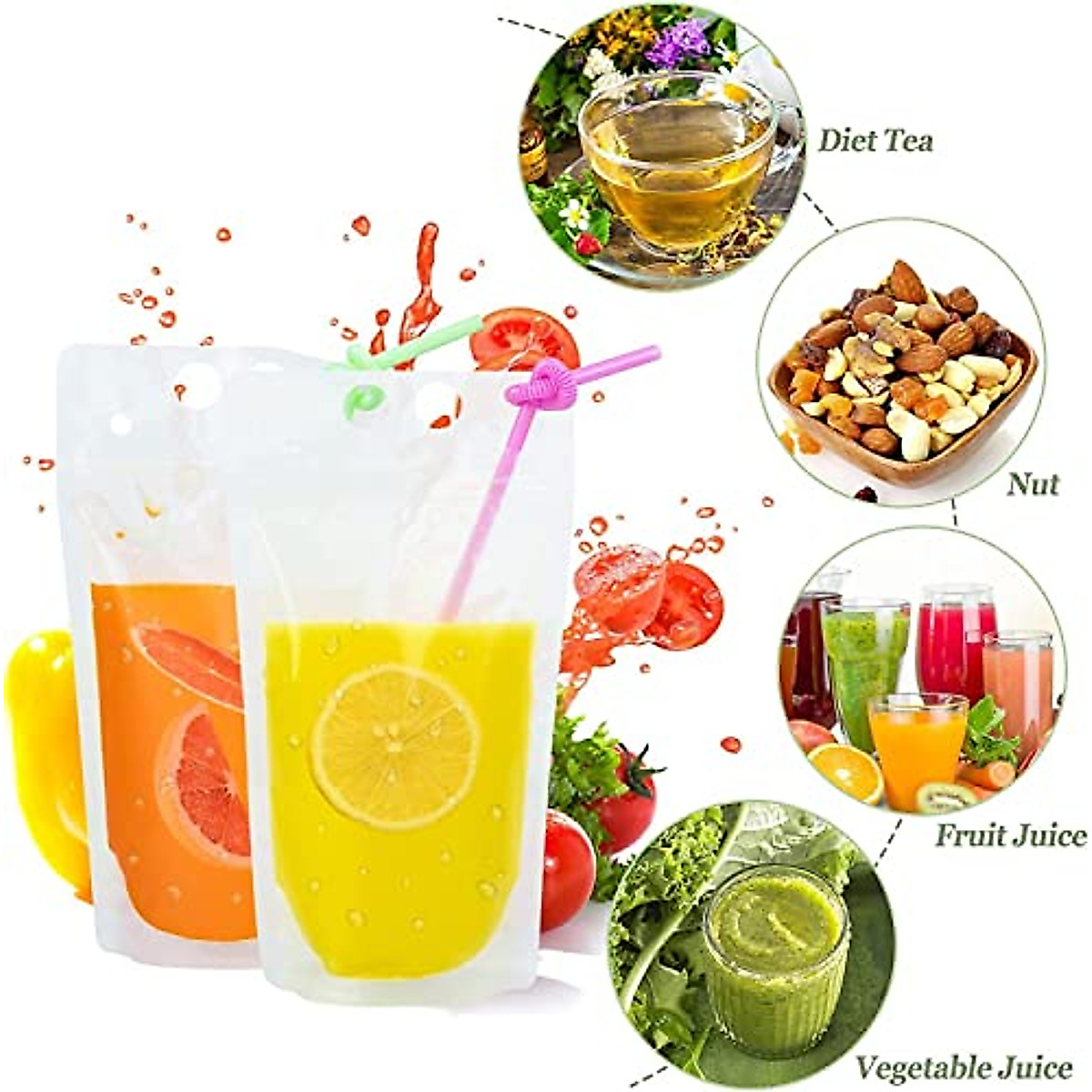 100 Pcs Drink Pouches for Adults Stand-Up Juice Pouches, Hand-Held Reclosable Drink Bags Plastic Zipper Juice Bags with Straws Silicone Funnel(Come with 100 Pcs Round Stickers)
