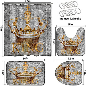 DuoBaorom 4 Pieces Set King Shower Curtain Set Abstract Golden Crown with Letter King Grey Artwork on Non-Slip Rugs Toilet Lid Cover Bath Mat and Bathroom Curtain with 12 Hooks 72x72inch