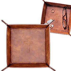 Cross Leather Valet Tray for Men with Scripture Included | EDC Dump Tray Catholic First Communion Gifts for Boys, Christian Gifts for Dad, Thoughtful Gifts for Men