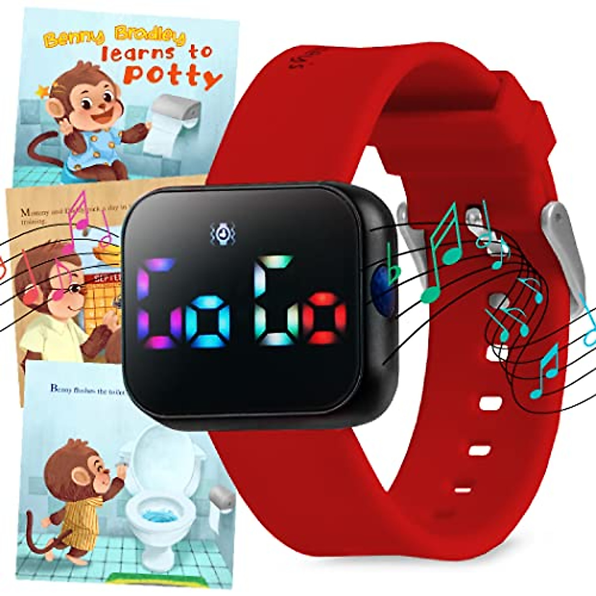 Potty Training Watch for Kids V2 – A Water Resistant Potty Reminder Device for Boys & Girls to Train Your Toddler with Fun/Musical & Vibration Interval Reminders with Potty Training eBook (Red)