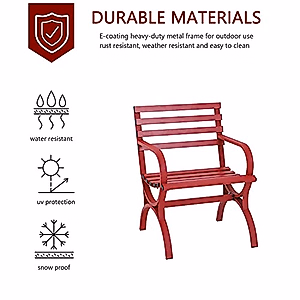 MFSTUDIO Outdoor Garden Patio Bench,Iron Metal Steel Frame Park Single Bench with Backrest and Armrest for Lawn,Porch,Backyard,Balcony-Red