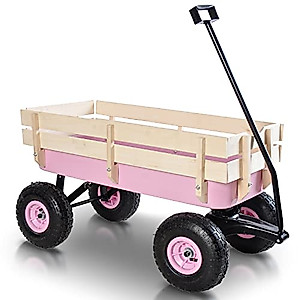 All Terrain Wagons for Kids Wagon with Removable Wooden Side Panels Garden Wagon Cart Heavy Duty with Steel Wagon Bed Folding Wagons for Kids/Pets Ideal Gift for Kids for Halloween Christmas, Pink