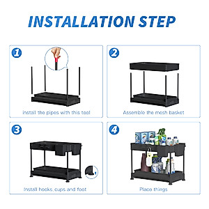 vizoe Under Sink Organizers and Storage 15'' x 8'' x 14'', 2 Tier Sliding Under Sink Storage with Hooks, Hanging Cup, Dividers, Handles, Black Pull Out Cabinet Organizer for Kitchen Bathroom