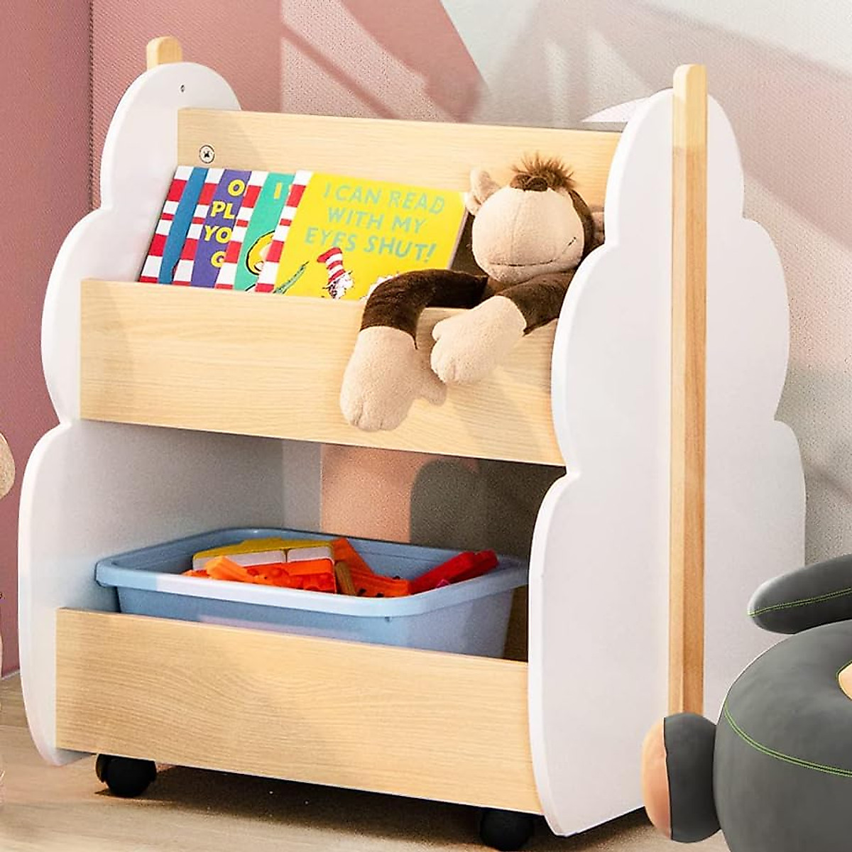 UIIAIOUIAIO Kids Bookshelf, 2-Tier Wooden Storage Shelf Book Rack with Universal Wheel