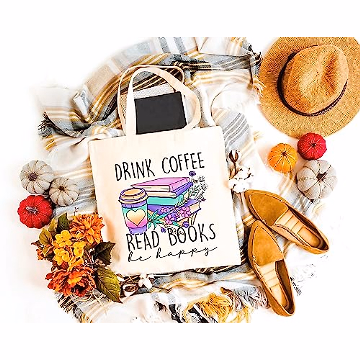 GXVUIS Drink Coffee Read Books Be Happy Canvas Tote Bag for Women Aesthetic Reusable Grocery Shopping Bags Gifts for Girls White