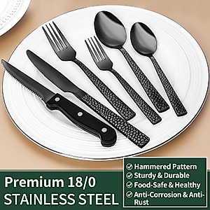 Black Hammered Silverware Set, 24-Piece Stainless Steel Square Flatware Set with Steak Knives for 4, Food-Grade Tableware Cutlery/Utensil Sets for Home Restaurant, Mirror Finish, Dishwasher Safe