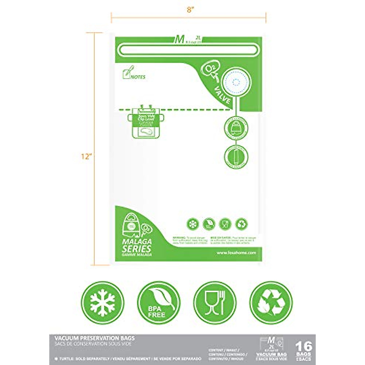 FOSA Reusable Vacuum Food Storage Bags Vacuum Zipper Bag, Medium (8 x 12 inches), 16 pack