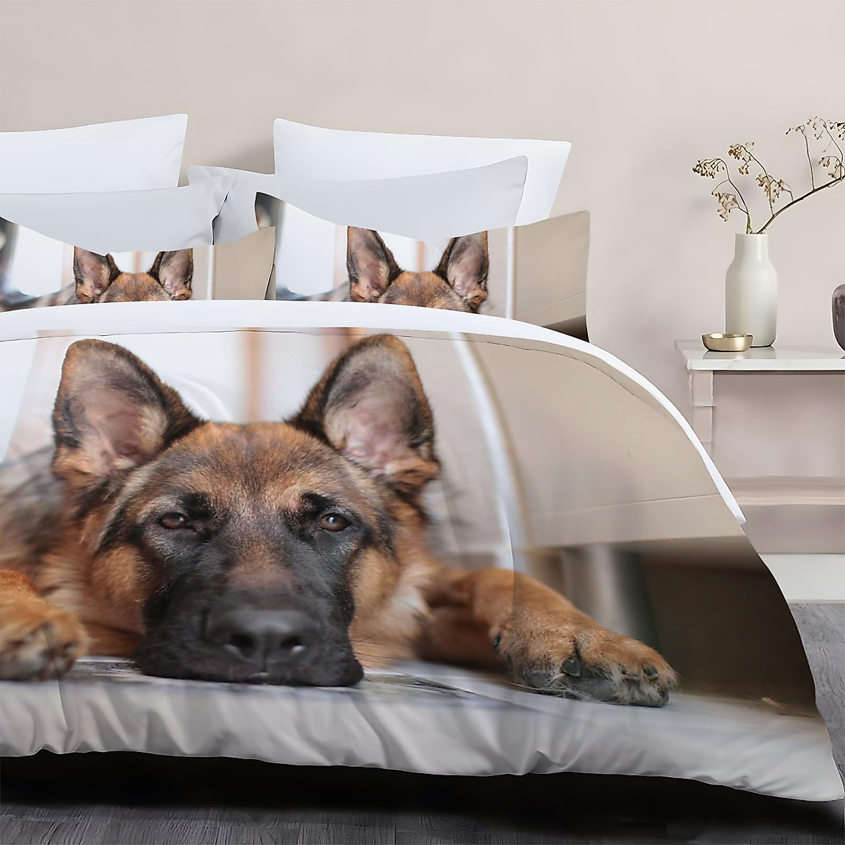 Brown German Shepherd California King Duvet Cover Animal Print Bedding Soft Microfiber Comforter Cover and 2 Pillow Shams 20"X36", Bed Set Duvet Covers with Zipper for Home Room Decor