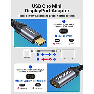 JSAUX USB Type C to Mini DisplayPort Adapter 4K@60Hz, C to Mini Display Port Dongle Cable, Compatible with MacBook Pro 2019 2018, Dell XPS, Samsung Galaxy S21 S20 Plus-Grey