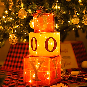 Hourleey Set of 3 Christmas Lighted Gift Boxes, Pre-lit 60 LED Light Up Joy Present Boxes Ornament Decorations for Indoor Outdoor Xmas Tree Home Yard Lawn Decor