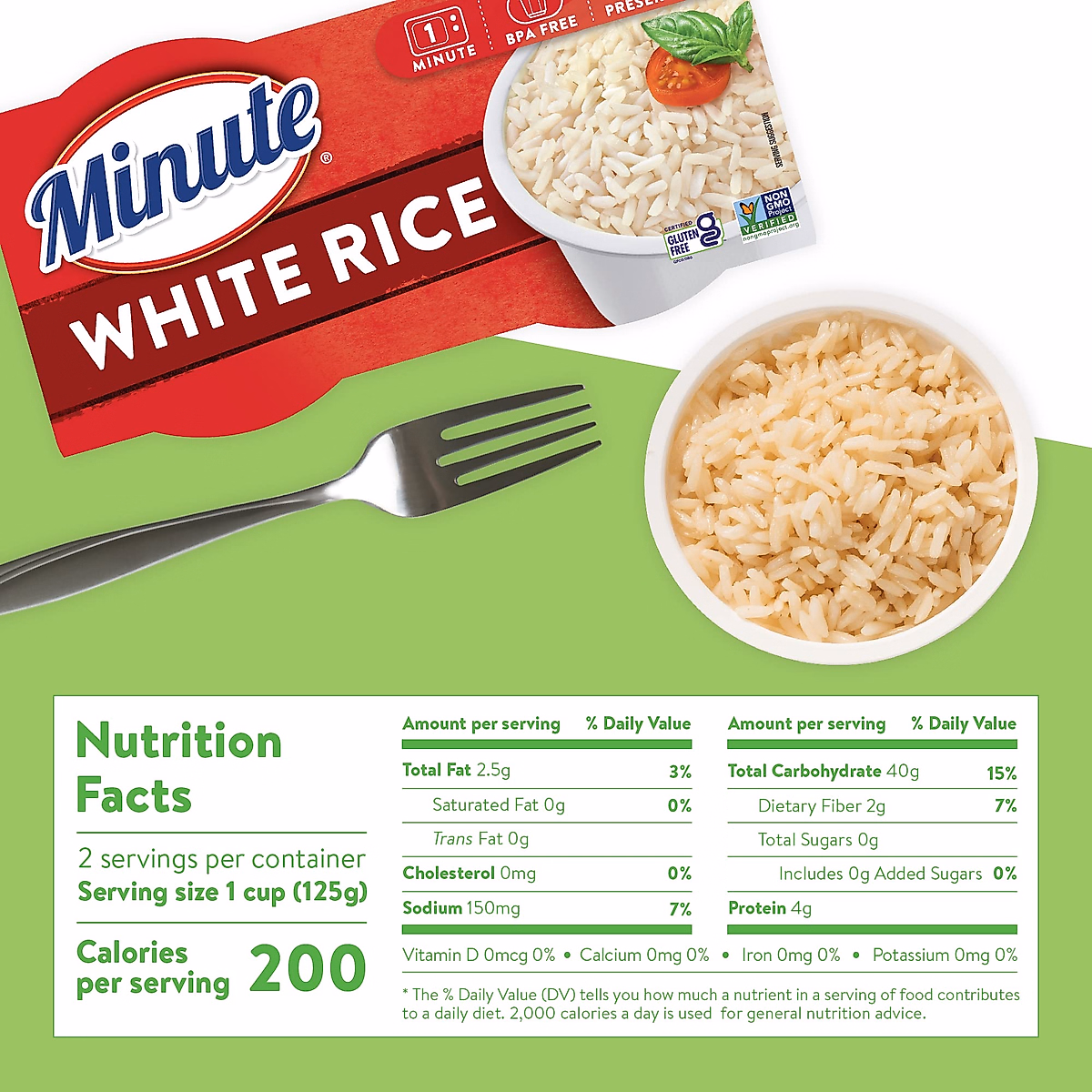 Minute Ready-to-Serve White Rice, Microwavable Rice Cups, 4.4-Ounce Cups, 2 Count, (Pack of 8)