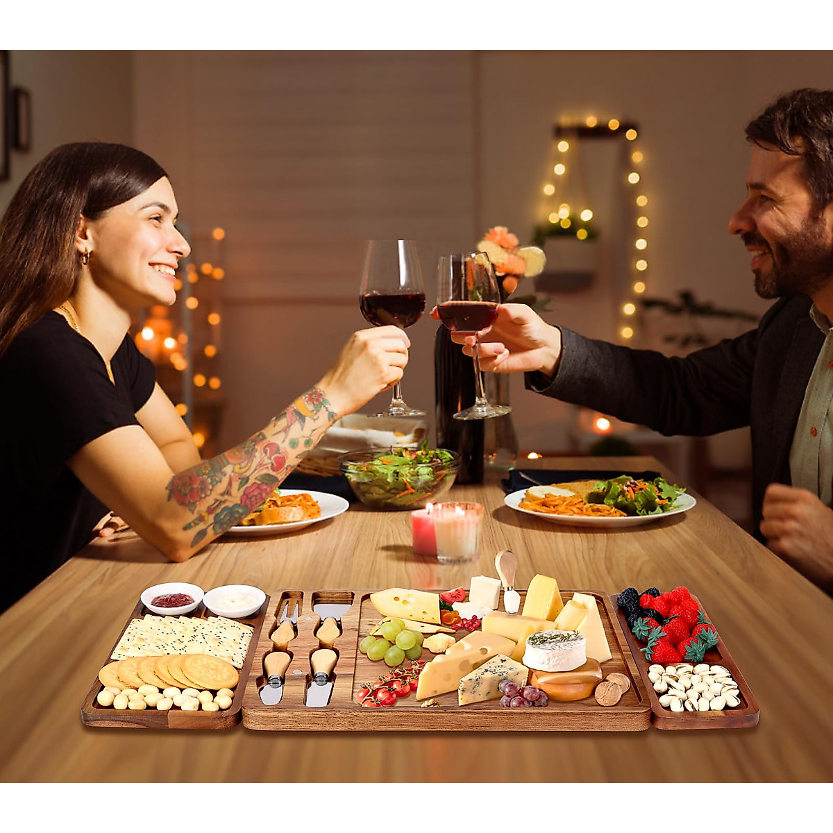 9 PCS Acacia Wood Cheese Board and Knife Set Large Charcuterie Platter Meat Cheese and Cracker Tray Vegetarian Fruit Snack Board Food Serving Tray Grazing Board Magnetic Charcuterie Board Gift Set