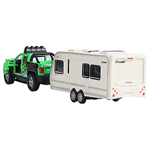Pickup Truck Trailer Towing Toy Camper 2 in 1 Playset RV Motorhome Toys for Boys Diecast Model Car Metal Pull Back Toy Cars 1/36 Scale SUV Doors Open Light Sound Kids Birthday Gifts, Green