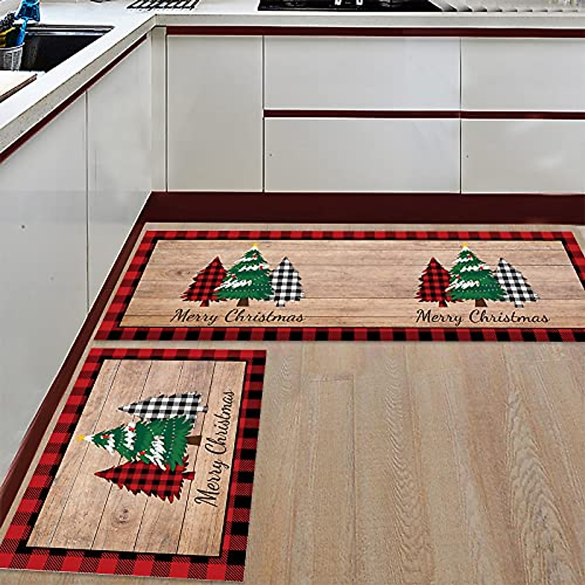 Arts Print Kitchen Rug Mat Set of 2,Merry Christmas Buffalo Plaid Pine Tree Wooden Board Runner Rug,Non-Slip Durable Kitchen Floor Mat for Sink,15.7x23.6Inch+15.7x47.2Inch