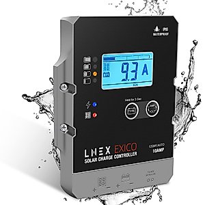 LNEX Solar Charge Controller Waterproof, 10A Super Thin Solar Panel Battery Intelligent Regulator with LCD Display 12V/24V PWM Solar Controller for LiFePO4,AGM, Gel, Flooded and Lithium Battery