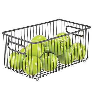 mDesign Metal Farmhouse Kitchen Pantry Food Storage Organizer Basket Bin, Wire Grid Design - for Cabinets, Cupboards, Shelves, Countertops - Holds Potatoes, Onions, Fruit, Extra Large - Graphite Gray