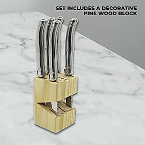 TopKnife Laguiole 6 pcs Steak Knife Set - Stainless Steel Handle - Pine Wood Block