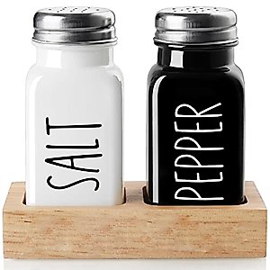 Salt and Pepper Shakers Set with Holder - Dopeca Glass Salt Shaker with Wood Caddy for Kitchen Counter or Table - Black and White Kitchen Decor and Wedding Gifts -2.7 oz