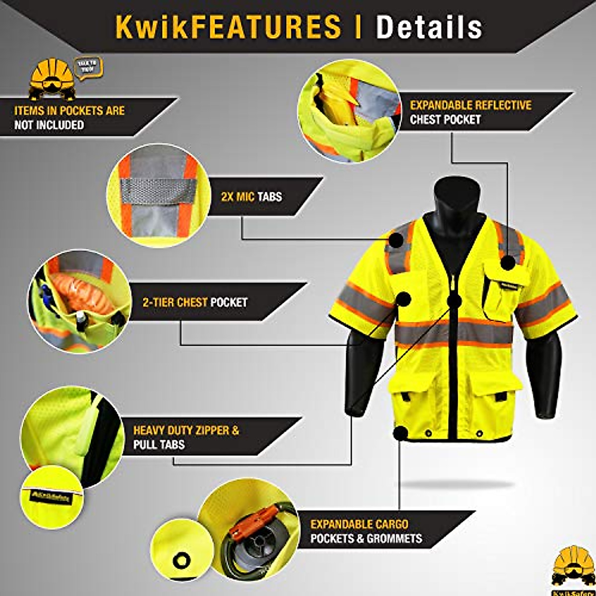 KwikSafety - Charlotte, NC - EXECUTIVE Safety Vest [10 POCKETS] Class 3 ANSI OSHA High Visibility Reflective Heavy Duty Mesh iPad Pocket HiVis Men Construction Work Gear/Yellow Large