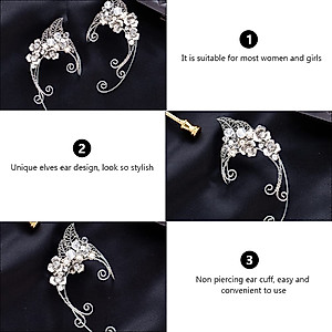 Generic Elf Ear Cuffs Handmade Clip on Earrings Pearl Crystal Wing Tassel Filigree Elven Earrings Wedding Holiday Jewelry Gift, 8x3.5cm, M9111009SU